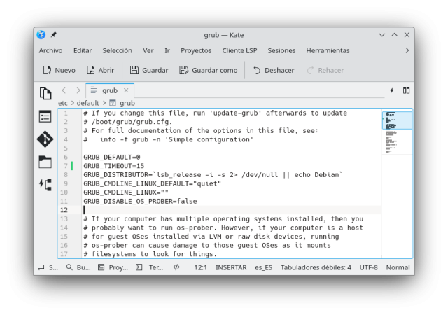 El menú de grub de Debian 12. Cómo se muestran todos los SO.